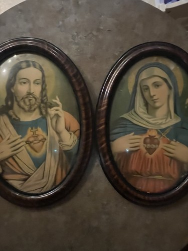 Vtg Jesus Virgin Mary Catholic Sacred Heart Lithograph Convex Glass ...