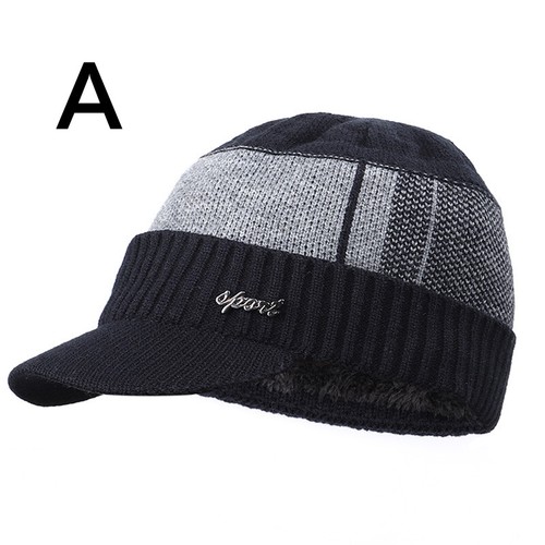 Men Winter Warm Hat Knit Visor Beanie Fleece Lined Billed Beanie with ...