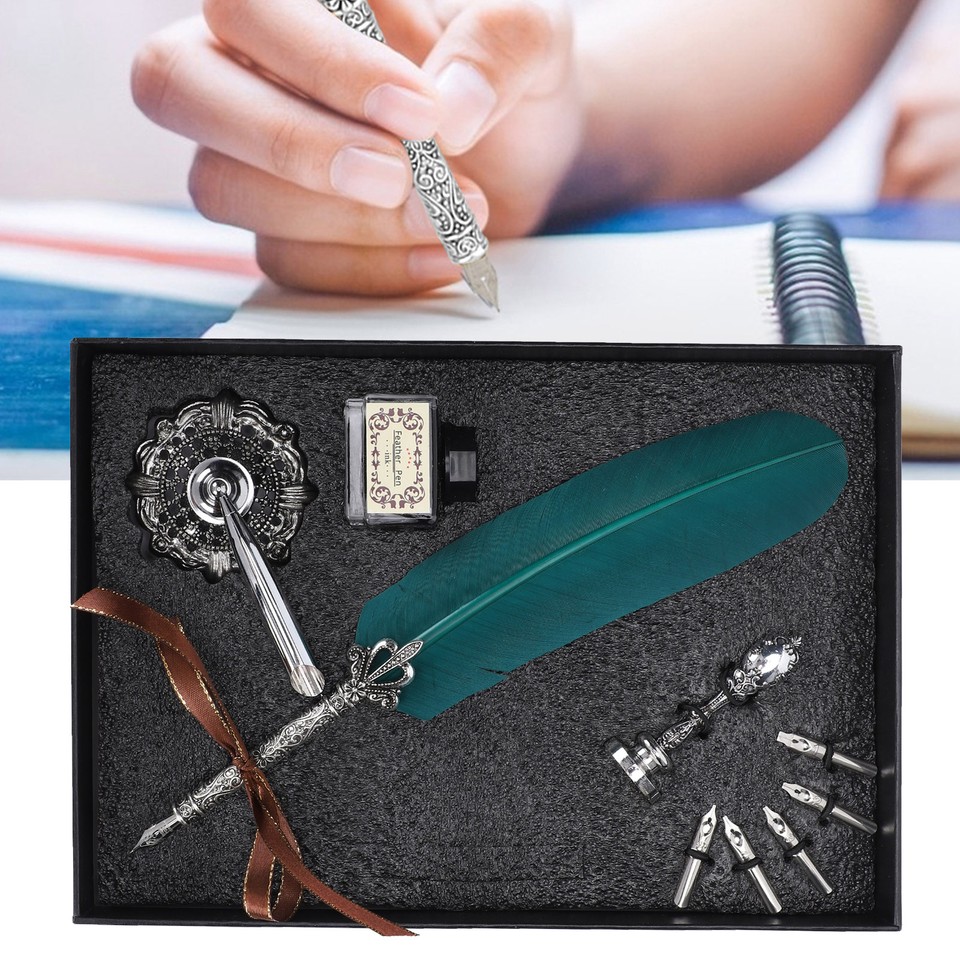 (green)Feather Pen Set Antique Calligraphy Quill And Ink Set Dip Pen ...