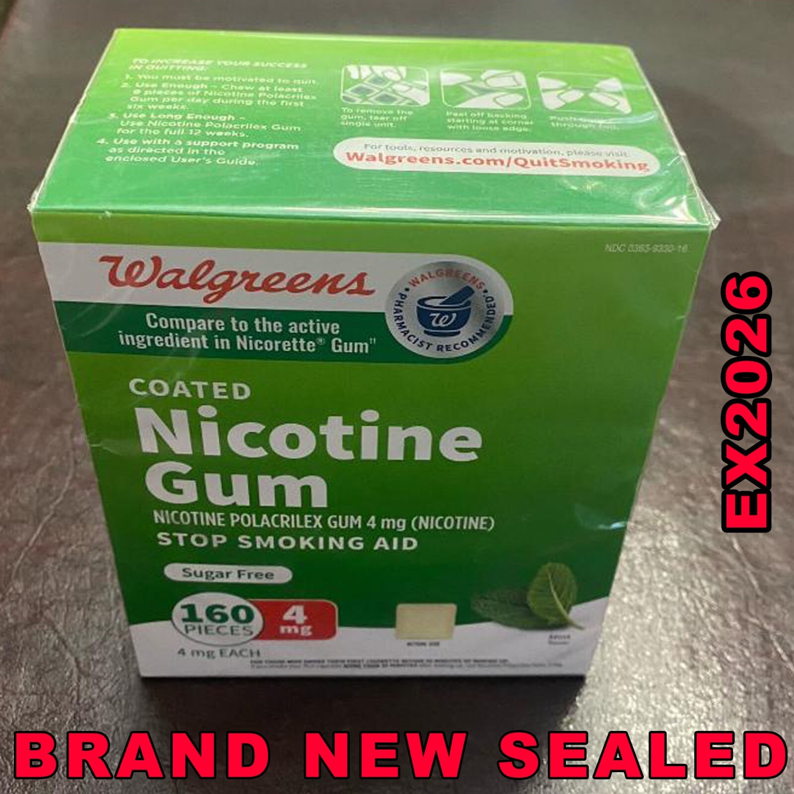 Walgreens Nicotine Gum 4mg Coated Mint Flavor 160 Pcs EX2026 SEALED NEW ...