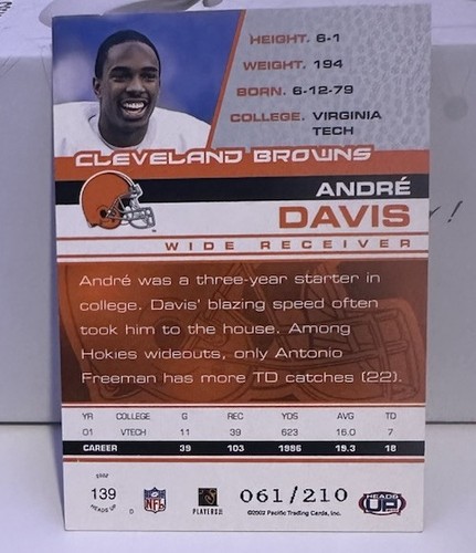 2002 Pacific Heads Up Blue 61/210 Andra Davis Andre Davis #139 Rookie ...