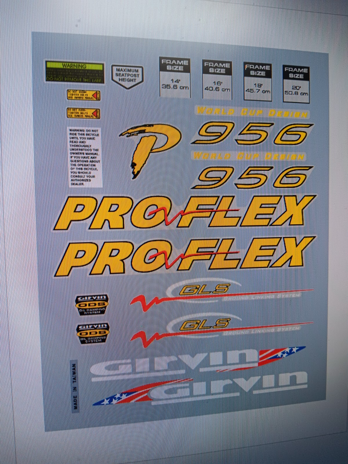 Sticker Decal Set fits ProFlex 956 Mountain Bike Girvin Fork (Yellow ...