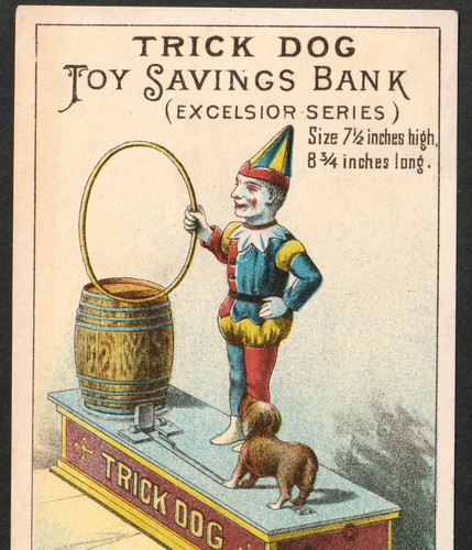 RARE ! - Trick Dog Toy Savings Mechanical Bank Trade Card Circus Clown ...