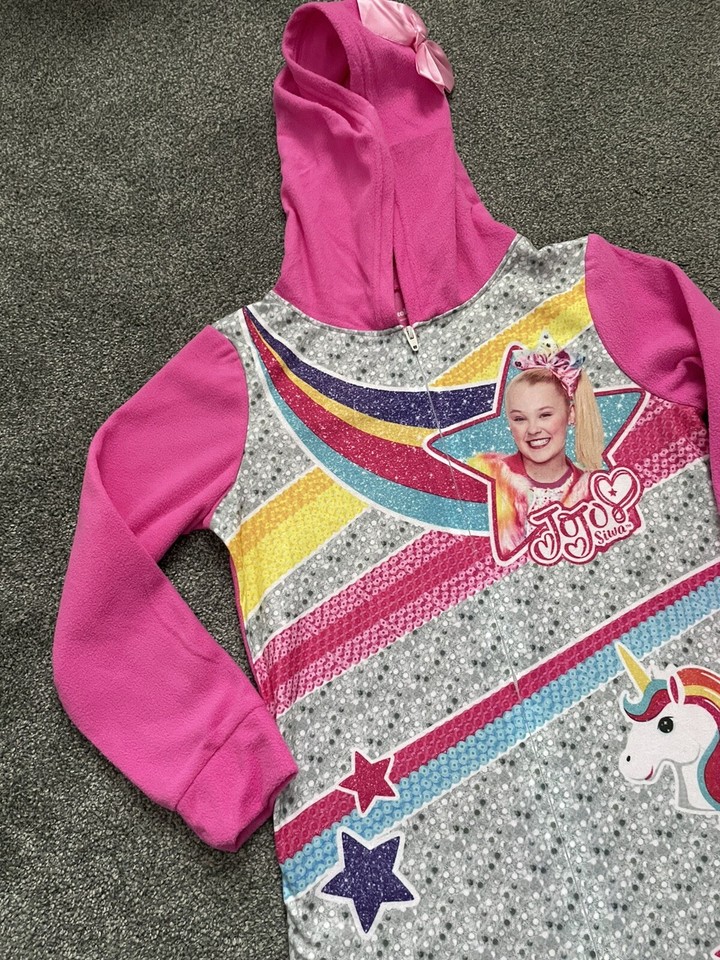 NWT JoJo Siwa Pink Grey Hooded One-Piece Fleece Pajamas Girl Size 6/6X ...