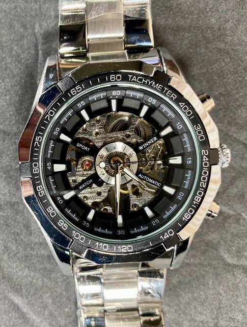 Winner TM340 Men's Silver Stainless Steel Analog Automatic Black Dial ...