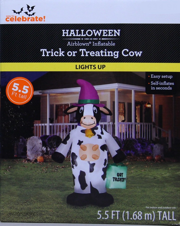 Halloween Gemmy 5.5 ft Light Up Trick or Treating Cow Airblown ...