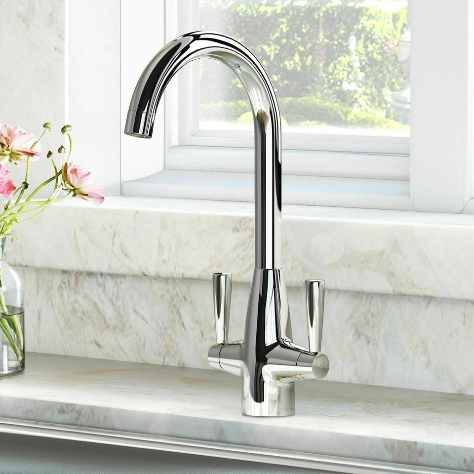 Modern Kitchen Sink Mixer Taps Swivel Spout Twin Lever Tap Mono Chrome ...