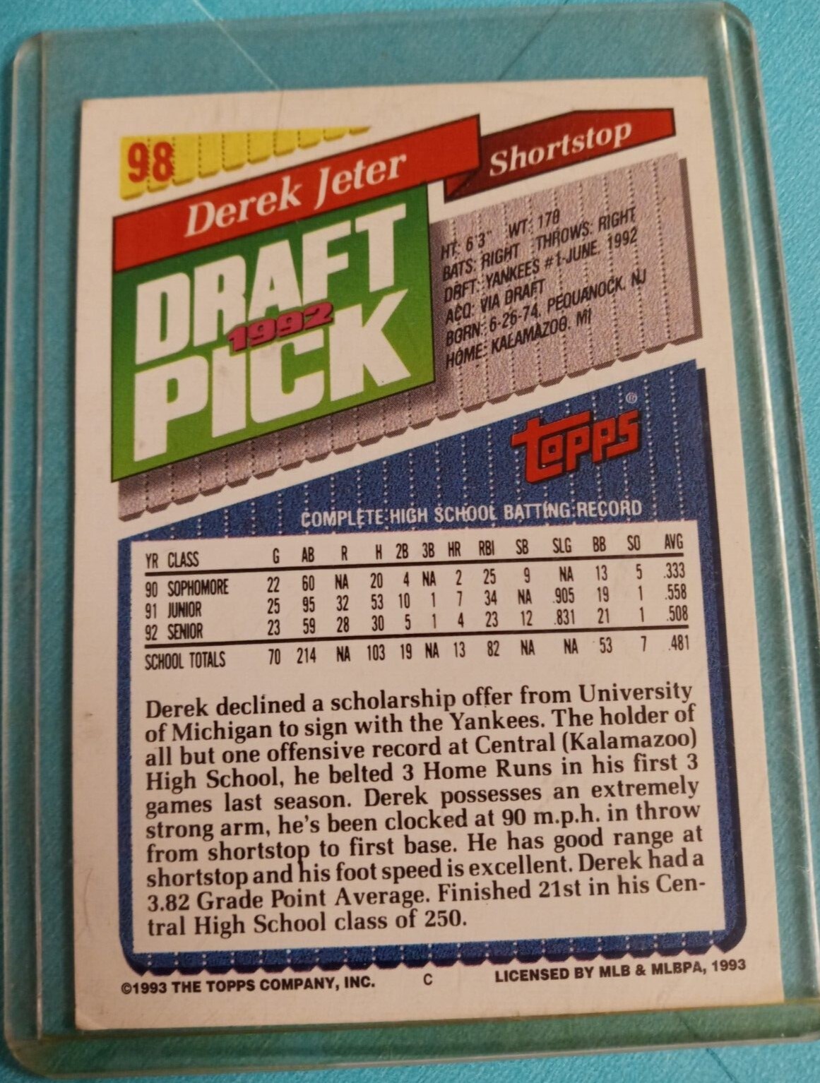 1992 Derek Jeter Draft Pick Topps card #98 | eBay