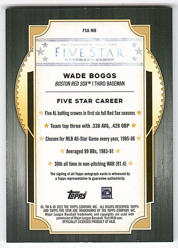2022 Topps Five Star Purple Wade Boggs Red Sox Auto #37/50 | eBay