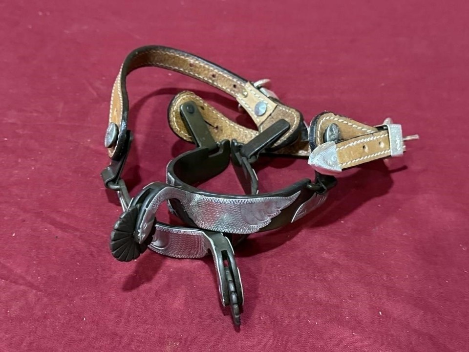 Silver Overlay Vintage Rugged Heavy Duty Spurs Leather Strap Cowboy ...