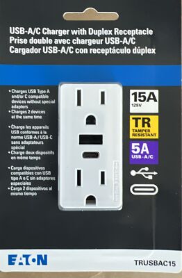 Eaton White USB-A|C Charger With Duplex Receptacle - #TRUSBAC15 | eBay