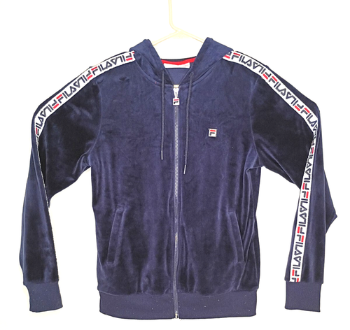 FILA Track Jacket Sz Medium Blue Velour Full Zip Hoodie Pockets Vintage ...