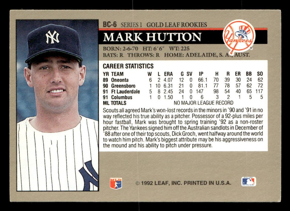 Mark Hutton 1992 Leaf Gold Rookies Card #BC-6 New York Yankees | eBay