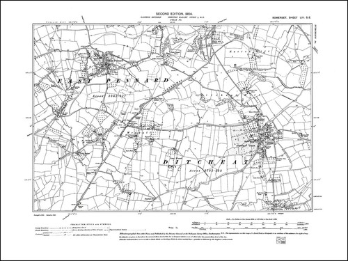 East Pennard, Ditcheat, Wraxall, old map Somerset 1904: 53SE repro | eBay