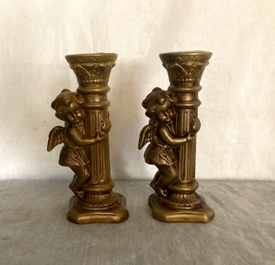 Vintage Ceramic Angel & Column 7" Candle Holder Figurine Antique Gold ...