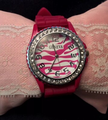 Hot pink Geneva womens watch Quartz With Tiger Striped Face New Battery ...