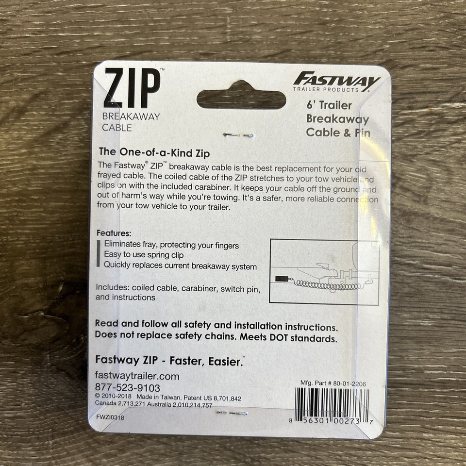 Fastway Trailer Zip Breakaway 6' Cable System Switch One-Of-A-Kind 80 ...