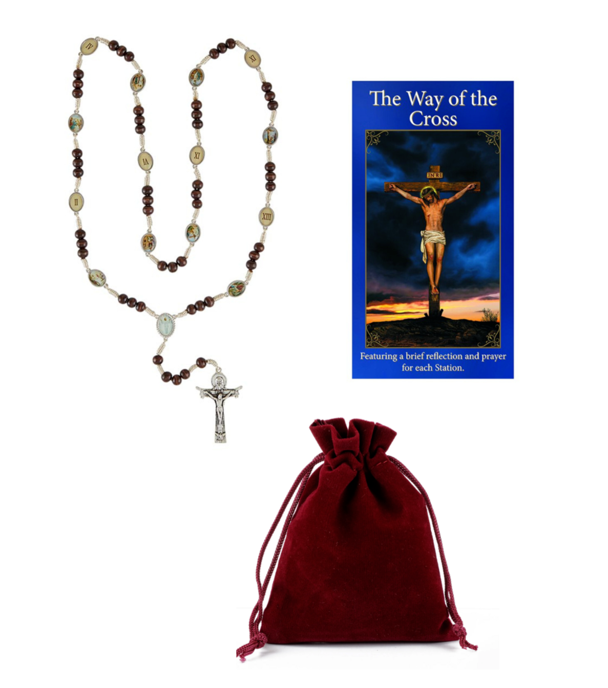 Lent Stations of the Cross Chaplet Rosary Wood Beads Cord Pamphlet ...