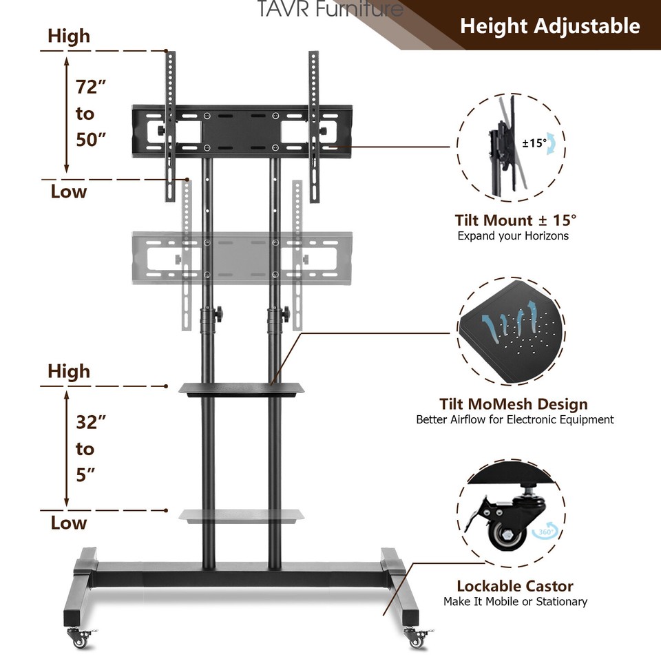 Mobile TV Floor Stand with TILT Mount and Wheels for 32-80 inch Flat ...
