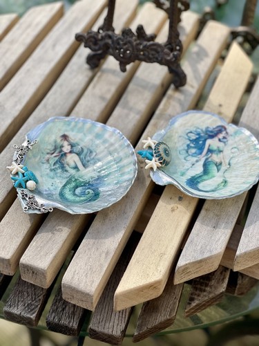 Decoupage Art Scallop Sea Shell Jewelry Trinket Dish Art Deco Mermaid ...