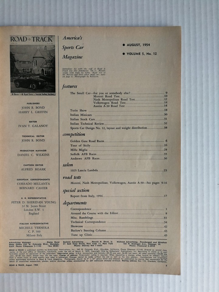 Road & Track August 1954 Nash Metropolitan - Moretti - Austin A-30 ...