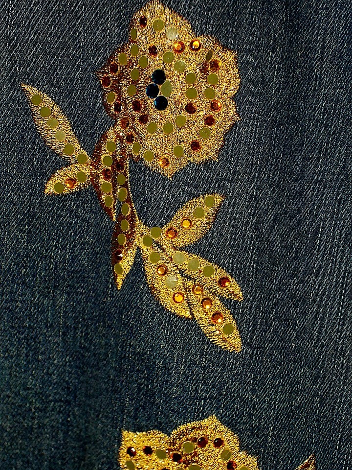 New jeans Cache Embellished Gold-Embroidery Rhinestones Cotton Stretch ...