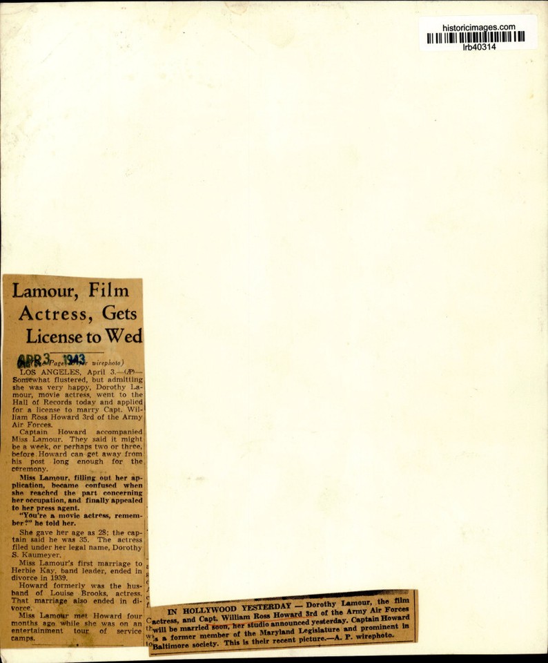 1943 Press Photo Actress Dorothy Lamour & Husband Captain William Ross ...