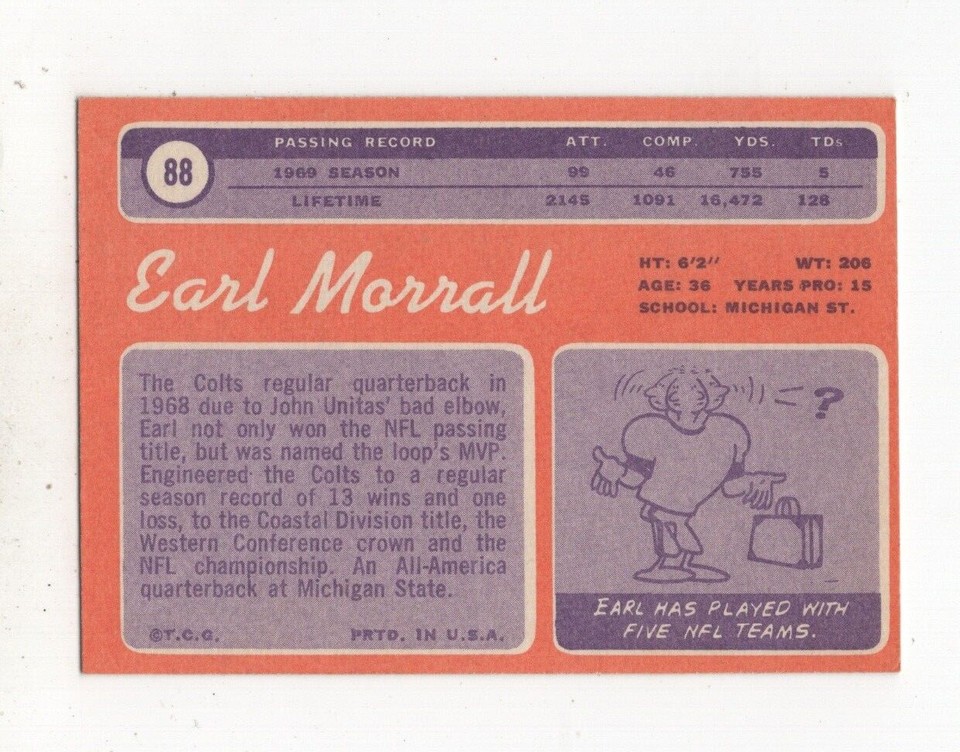 1970 TOPPS FOOTBALL EARL MORRALL BALTIMORE COLTS #88 | eBay