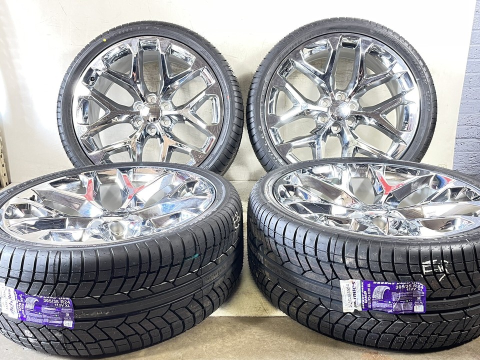 24” SNOWFLAKE CHROME WHEELS RIMS MT TIRES CHEVY SILVERADO TAHOE GMC ...