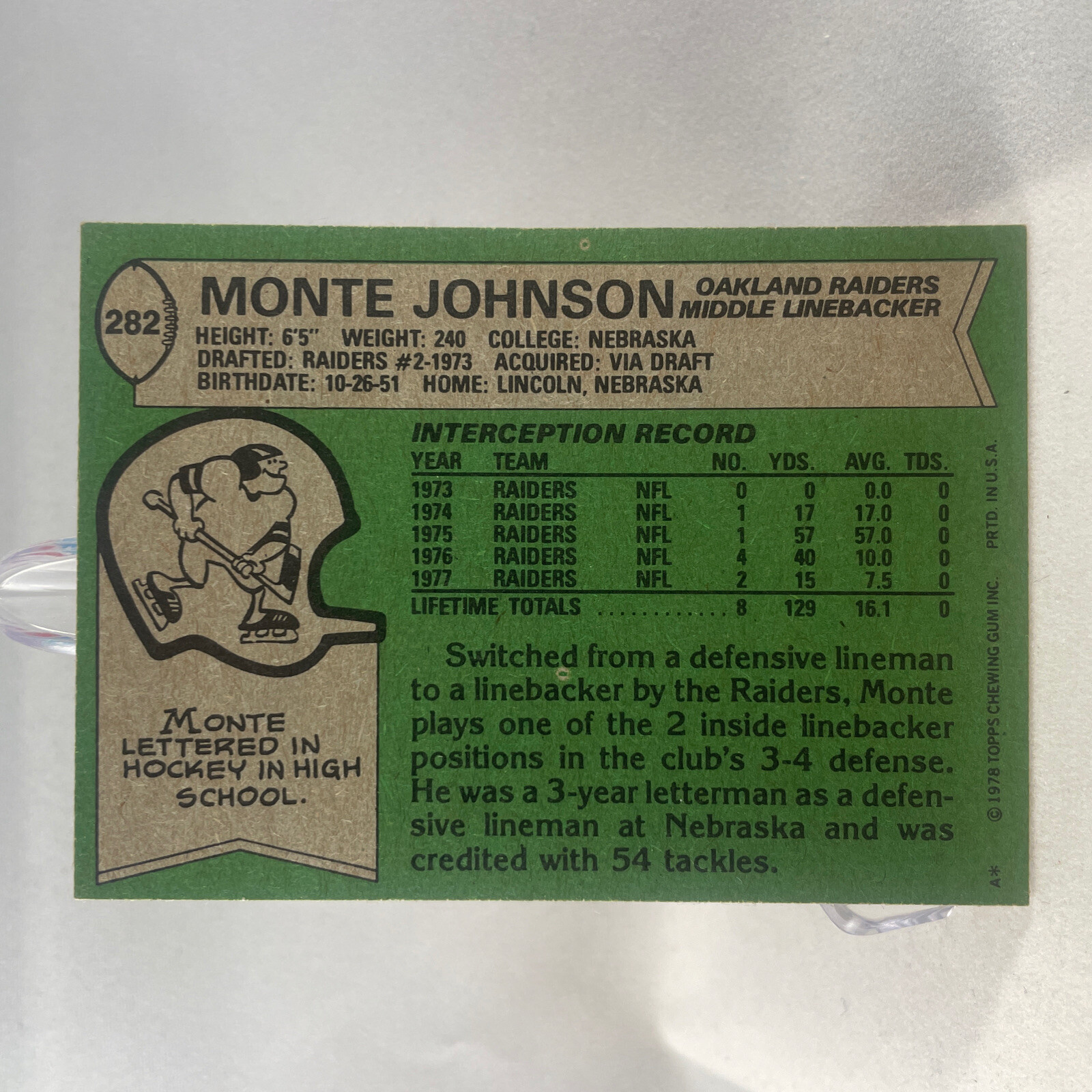 Monte Johnson -Nebraska Cornhuskers- Oakland Raiders Autographed Card ...