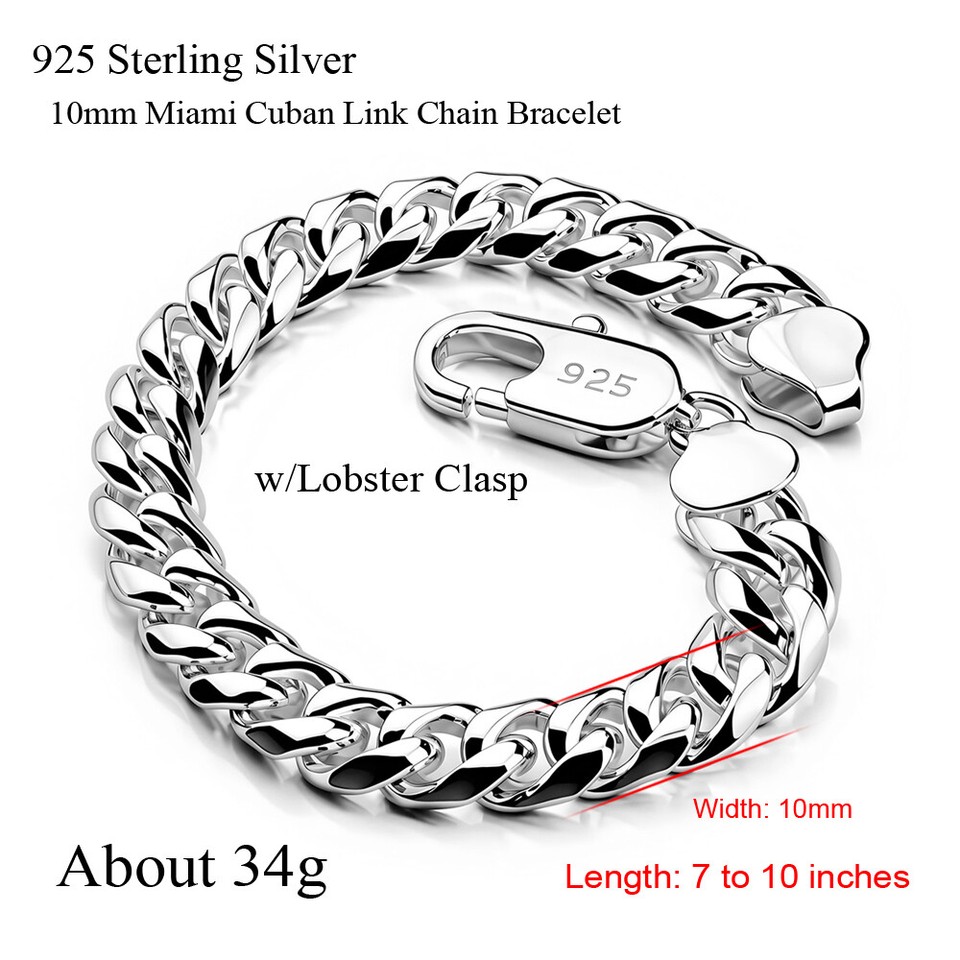 10mm 925 Sterling Silver Italy Curb Cuban Link Chain Bracelet for Men ...
