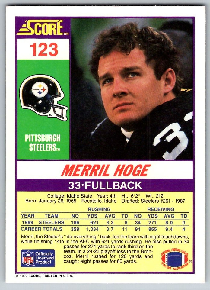 1990 SCORE MERRIL HOGE PITTSBURGH STEELERS #123 | eBay