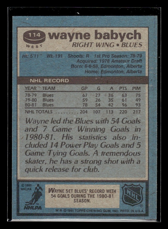 1981-82 Topps Hockey #W114 Wayne Babych "Set Break" Mint St. Louis ...