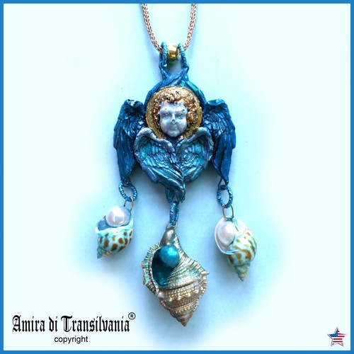 Talisman Amulet Blue Angel Rhinestone Necklace Pendant Wings Pearl ...
