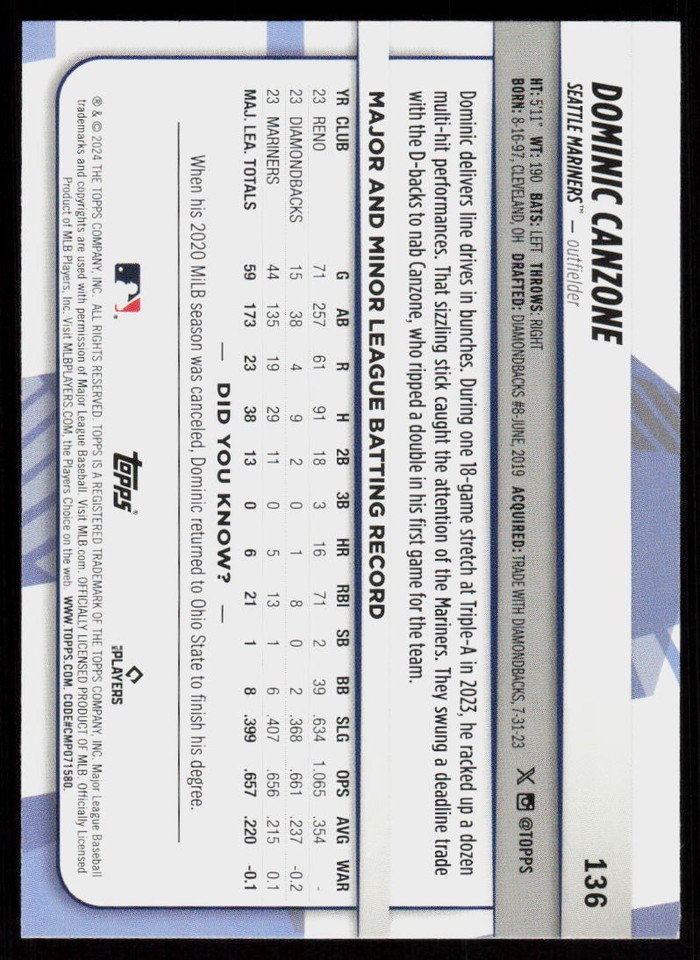 2024 Topps Big League Dominic Canzone #136 BASEBALL Rookie Seattle ...