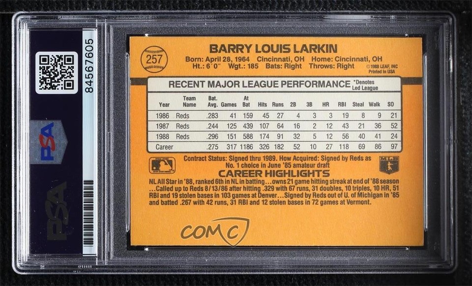 PSA/DNA 1989 Donruss Barry Larkin #257 Certified Authentic Auto HOF | eBay