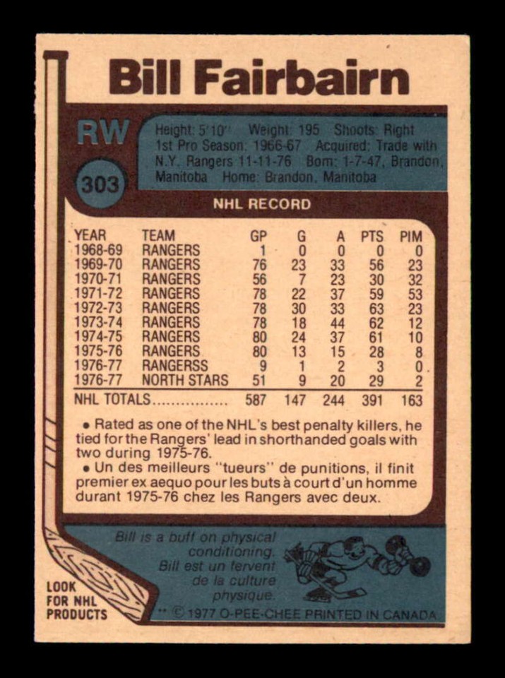 1977 O-Pee-Chee NHL #303 Bill Fairbairn EX/EX+ X2911969 | eBay
