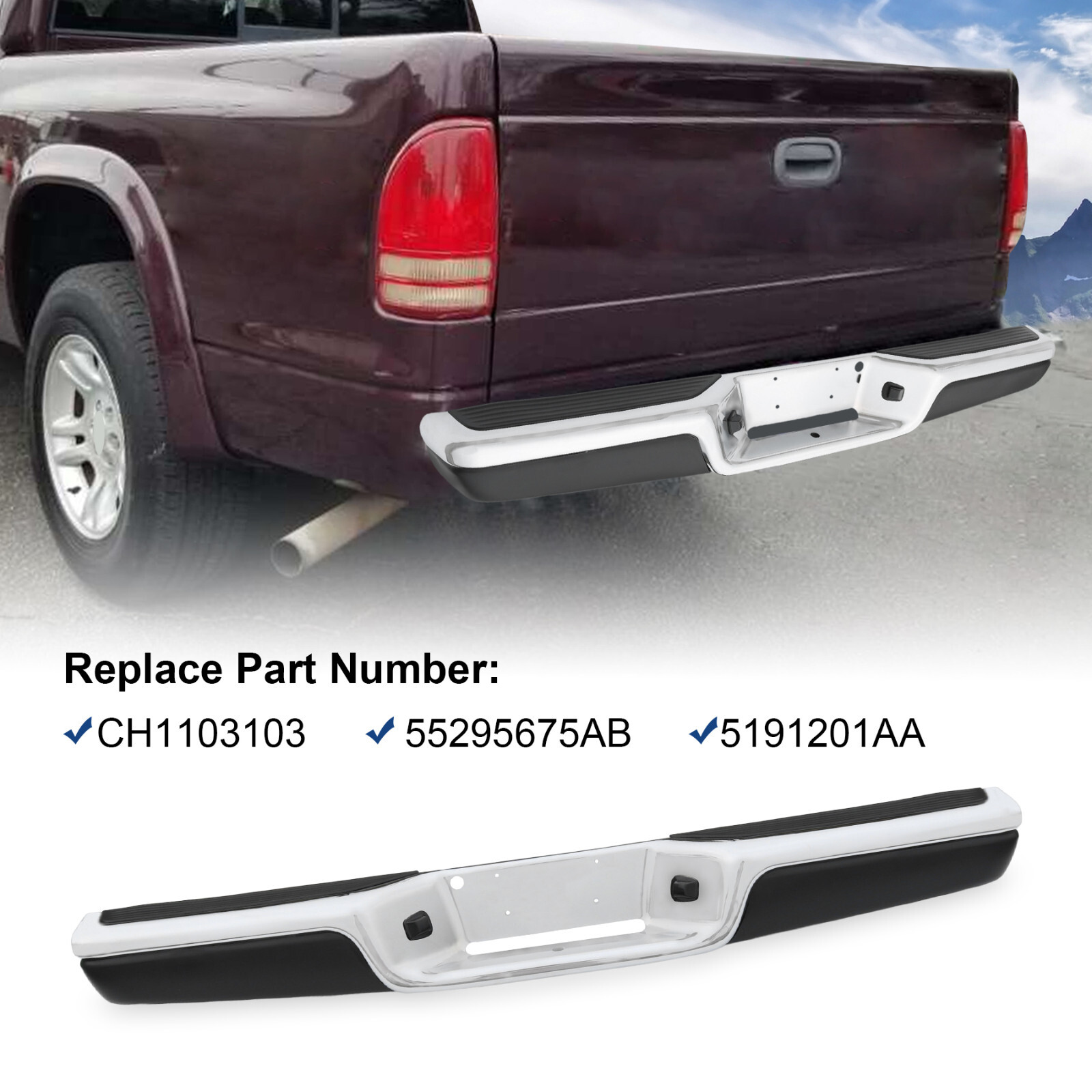 Fit For 1997-2004 Dodge Dakota Rear Step Bumper Assembly Chrome Steel ...