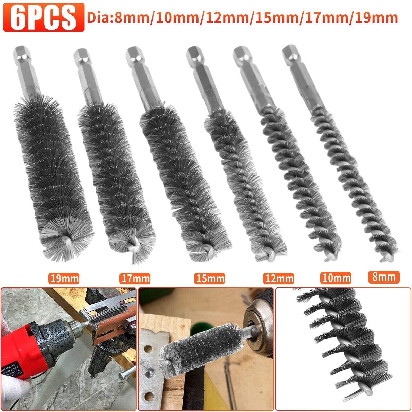 6 X Stainless Steel Wire Brush Drill Attachment Bore Rust Pipe Cleaner ...