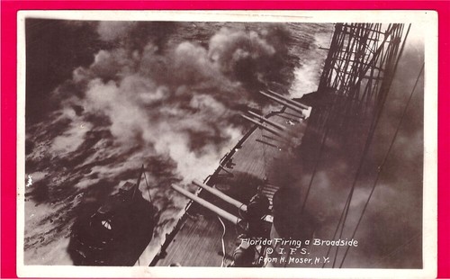 1918-30 RPPC Battleship BB-30 USS Florida Firing Broadside AZO Original ...