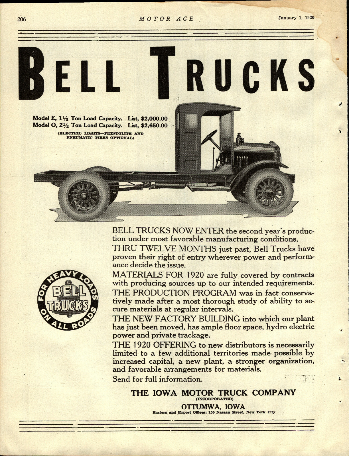 1920 Bell Trucks Ad: Iowa Motor Truck Co. Ottumwa, Iowa - Heavy Loads ...