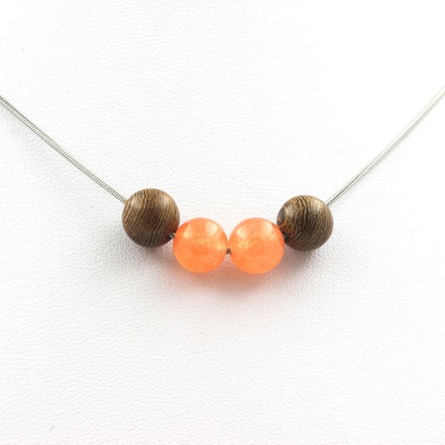Collier perles bois + Calcédoine orange 8 mm Chaine en acier inoxydable ...
