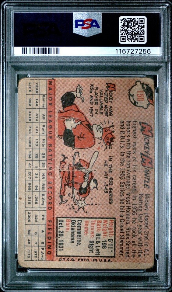 1958 Topps Mickey Mantle PSA 1 PR #150 New York Yankees Baseball Card ...