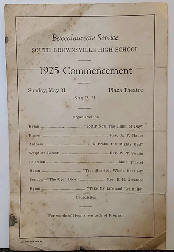 1925 South Brownsville High School Baccalaureate Service Program | eBay