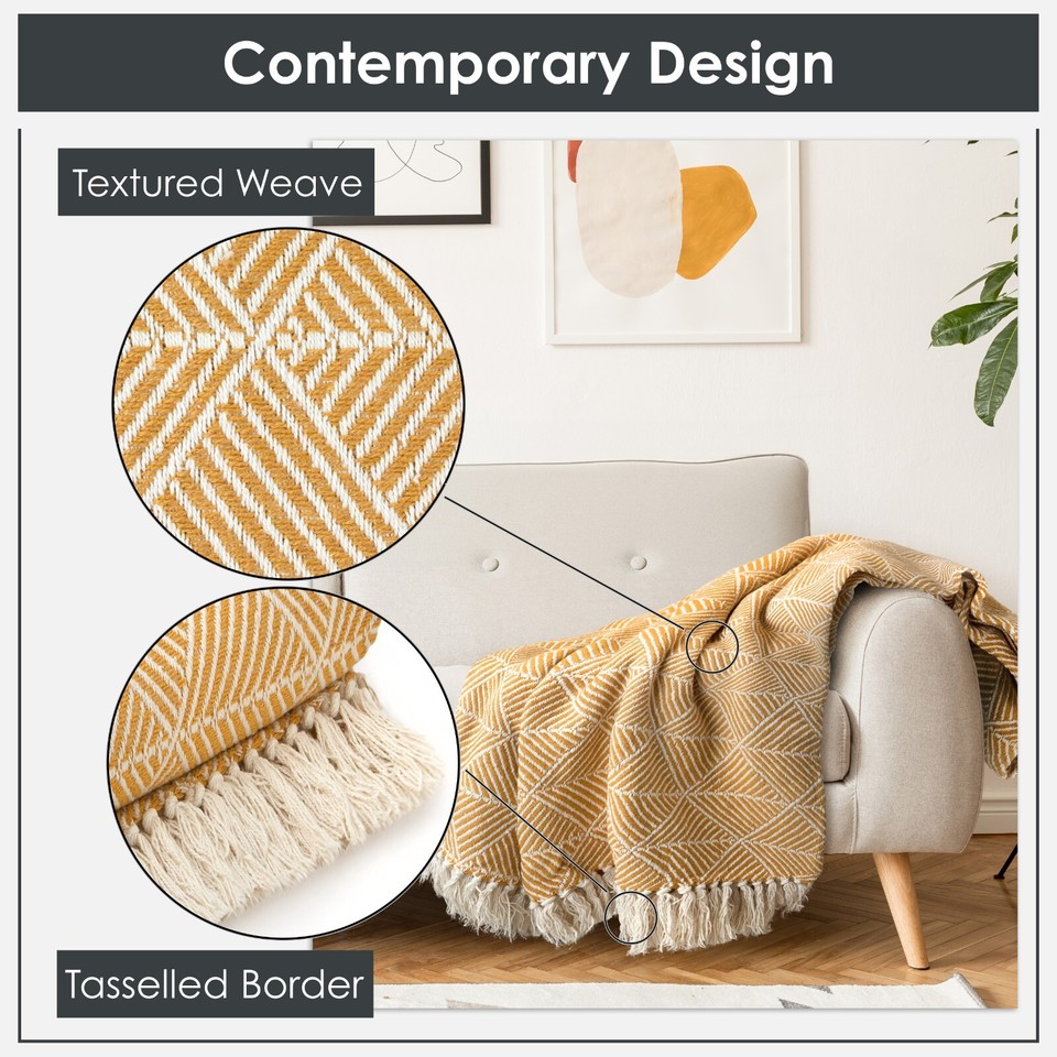 Throw Blanket for Sofas Couch Bed Runner Scandi Woven Soft Cotton Zahra ...