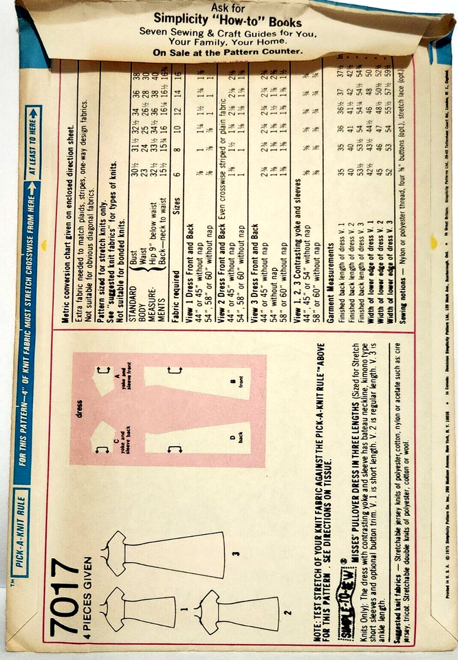 1970s SIMPLICITY Pattern #7017 Misses PULLOVER DRESS in 3 Lengths Size ...