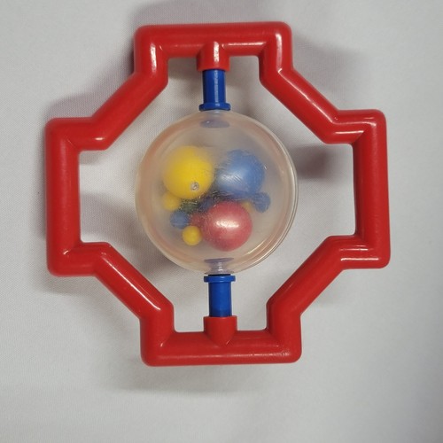 Vintage 80s Red Plastic Rattle Baby Toy Blue Yellow Ball Bead Grasping ...