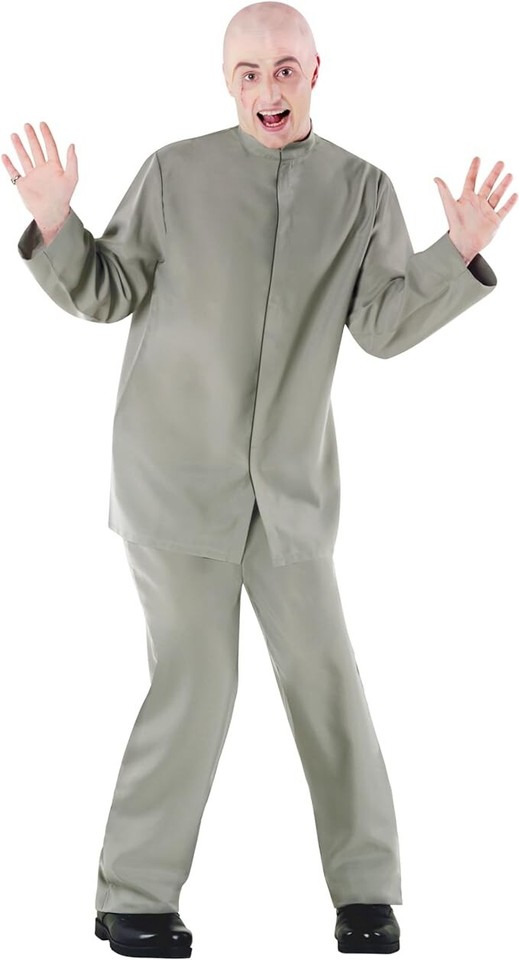 Mens Evil Doctor Costume Powers 60s Movie Villain Gray Suit +Bald Cap ...