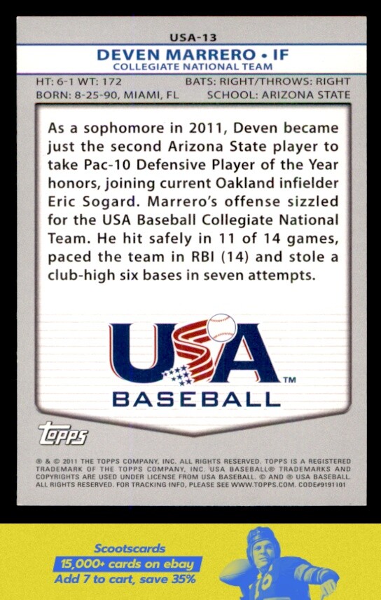2011 Topps USA Baseball Deven Marrero #USA-13 Collegiate National Team ...