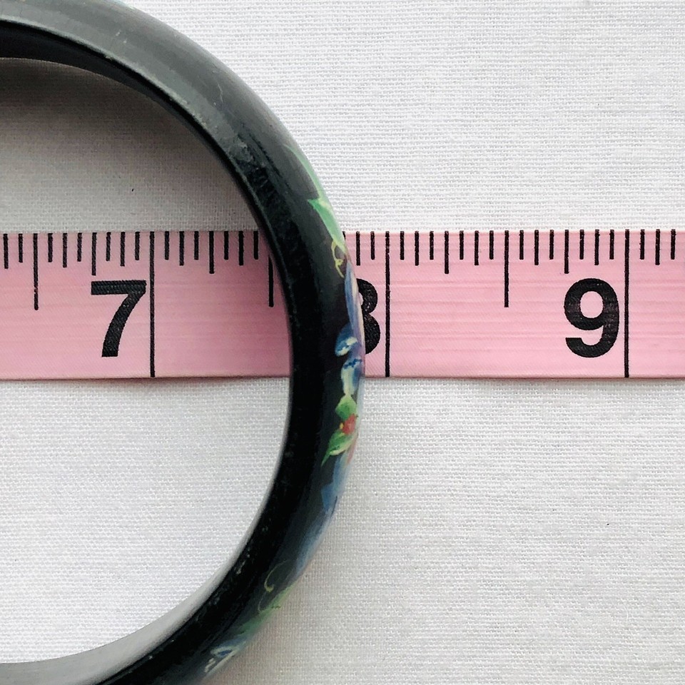 VTG Bangle Cuff Bracelet Hand Painted Black Lacquer Blue Flower Retro ...
